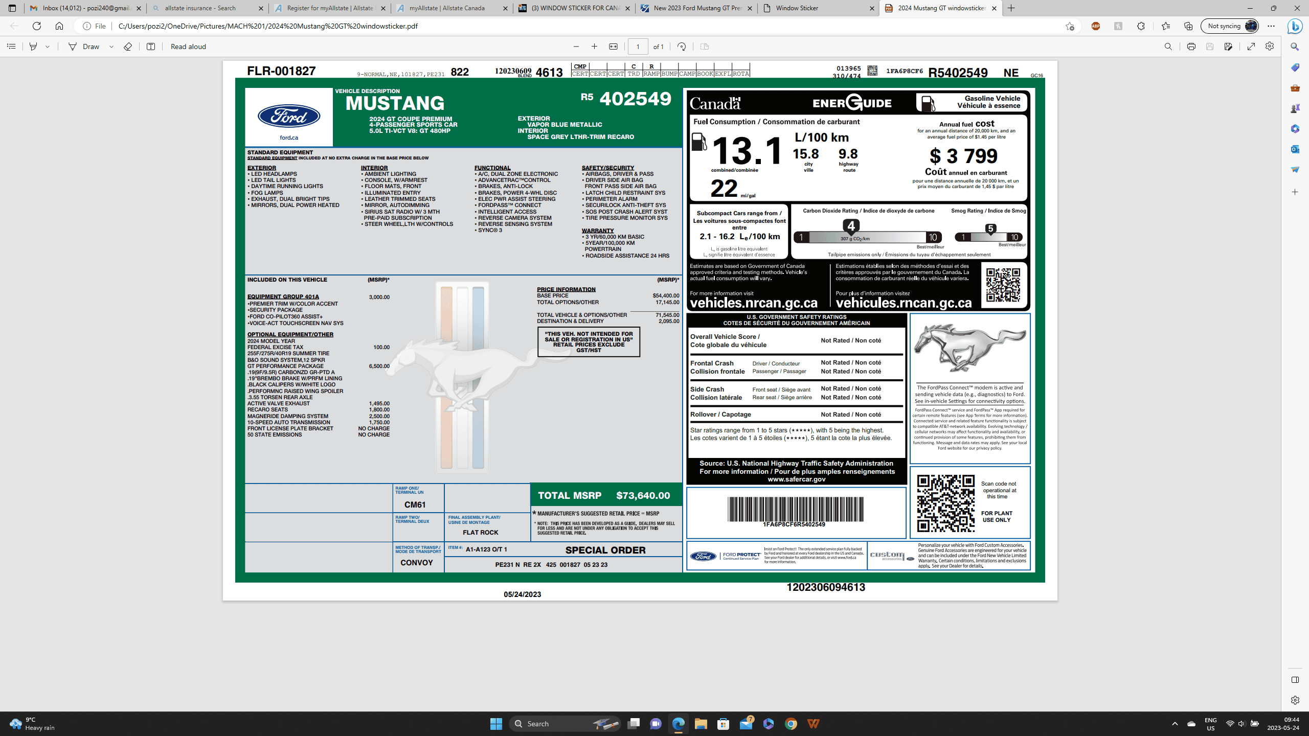 WINDOW STICKER FOR CANADIAN CUSTOMER ORDER!! | Mustang7G - 2024+ S650 ...