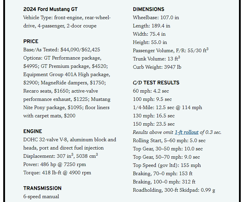 Tested Performance Numbers: 2024 Mustang Dark Horse (by Car and Driver ...